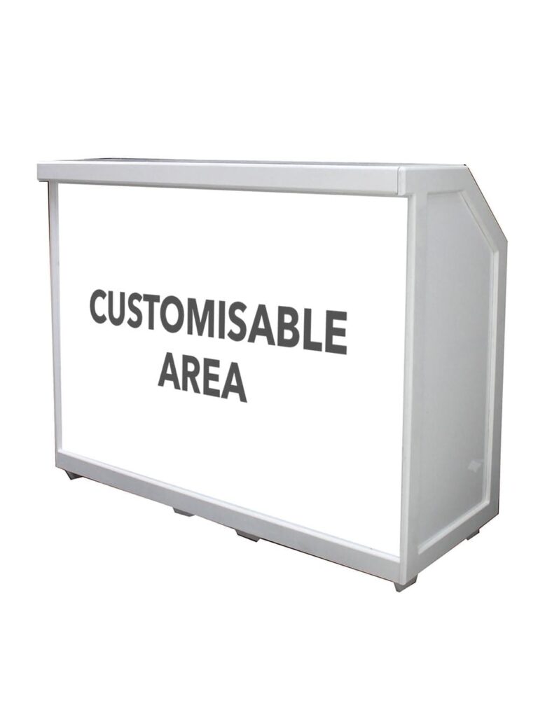 1.5m long Customised White Drinks Bar | EPH Creative - Event Prop Hire