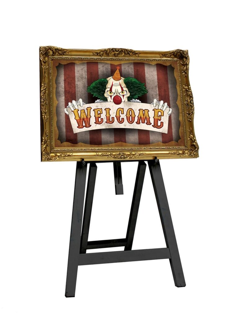 Scary Clown Welcome Sign (Gold Frame) | EPH Creative - Event Prop Hire