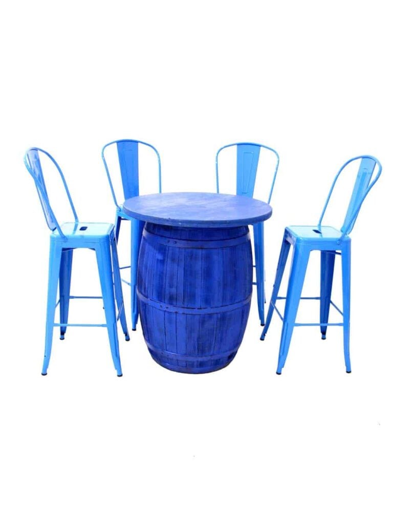 Coloured Rustic Barrel Poseur Table + Metal Stools (Blue) | EPH ...