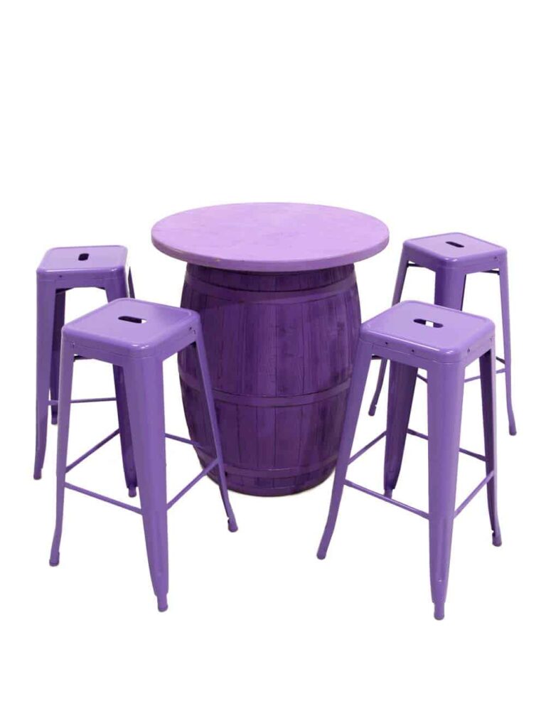 Coloured Rustic Barrel Poseur Table + Metal Stools (Purple) | EPH ...