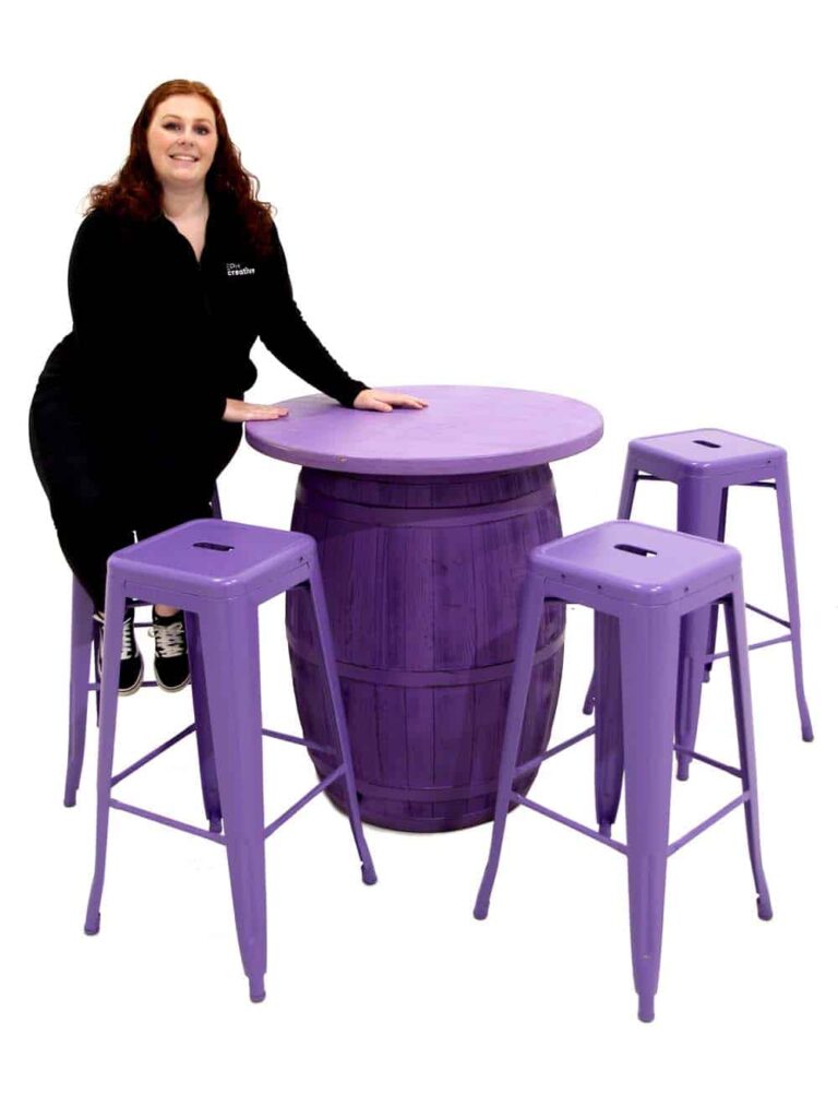 Coloured Rustic Barrel Poseur Table + Metal Stools (Purple) | EPH ...