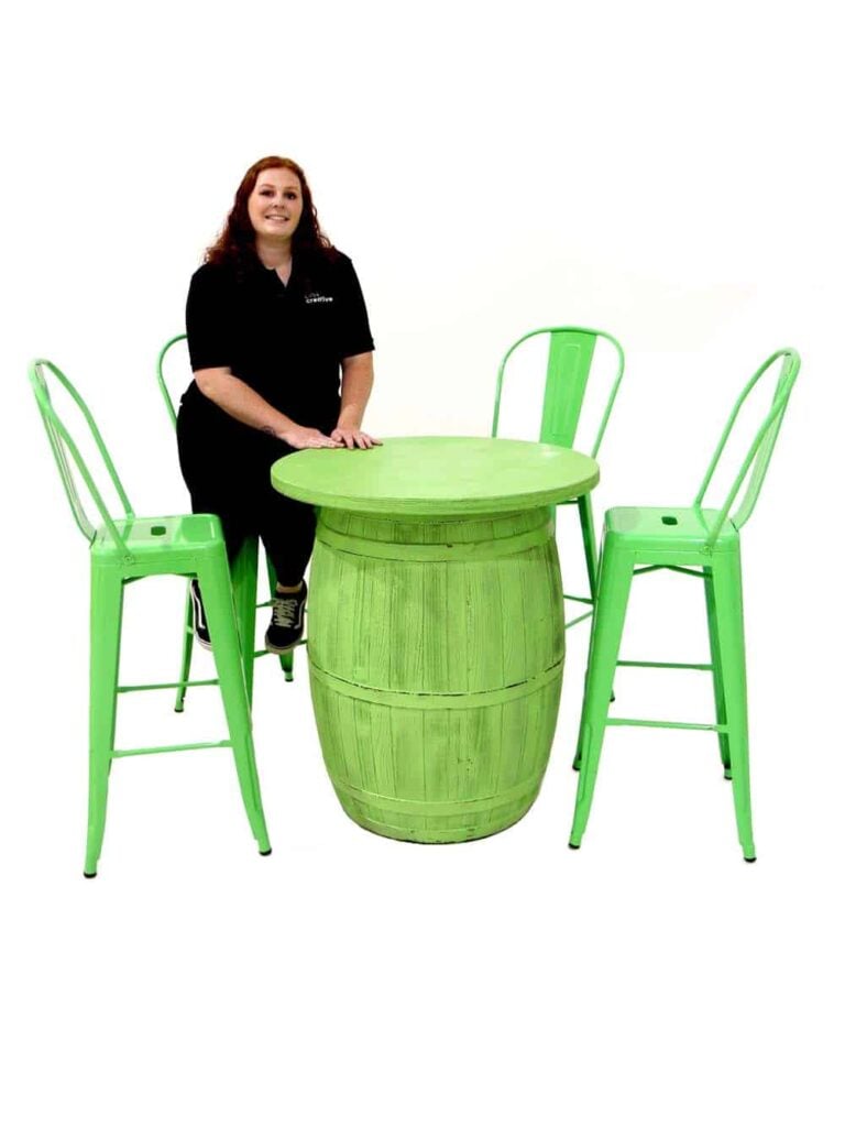 Coloured Rustic Barrel Poseur Table + Metal Stools (Green) | EPH ...