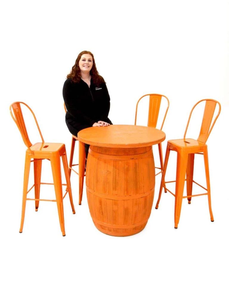Coloured Rustic Barrel Poseur Table + Metal Stools (Orange) | EPH ...