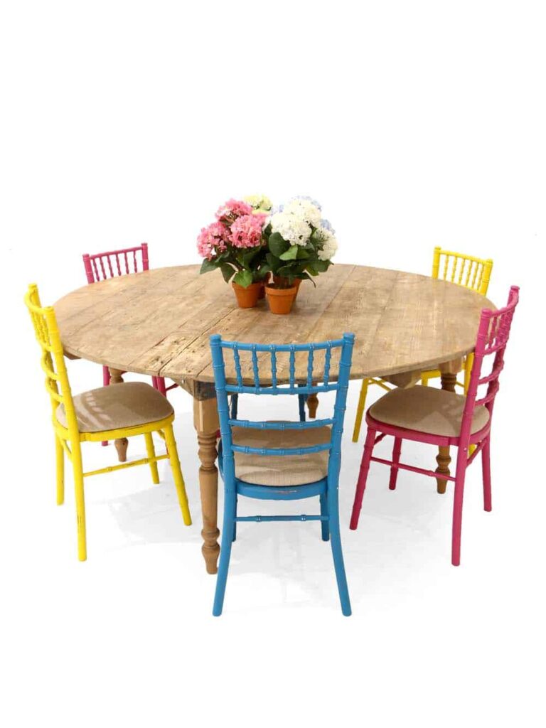 Rustic Round Table & Bright Chairs (with Flowers) | EPH Creative ...