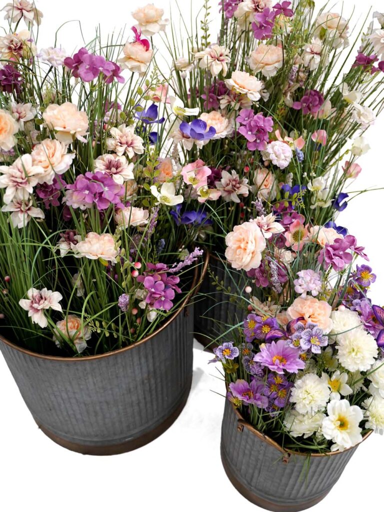 Wildflowers in Galvanised Planters - Cool Colours | EPH Creative - Event Prop Hire
